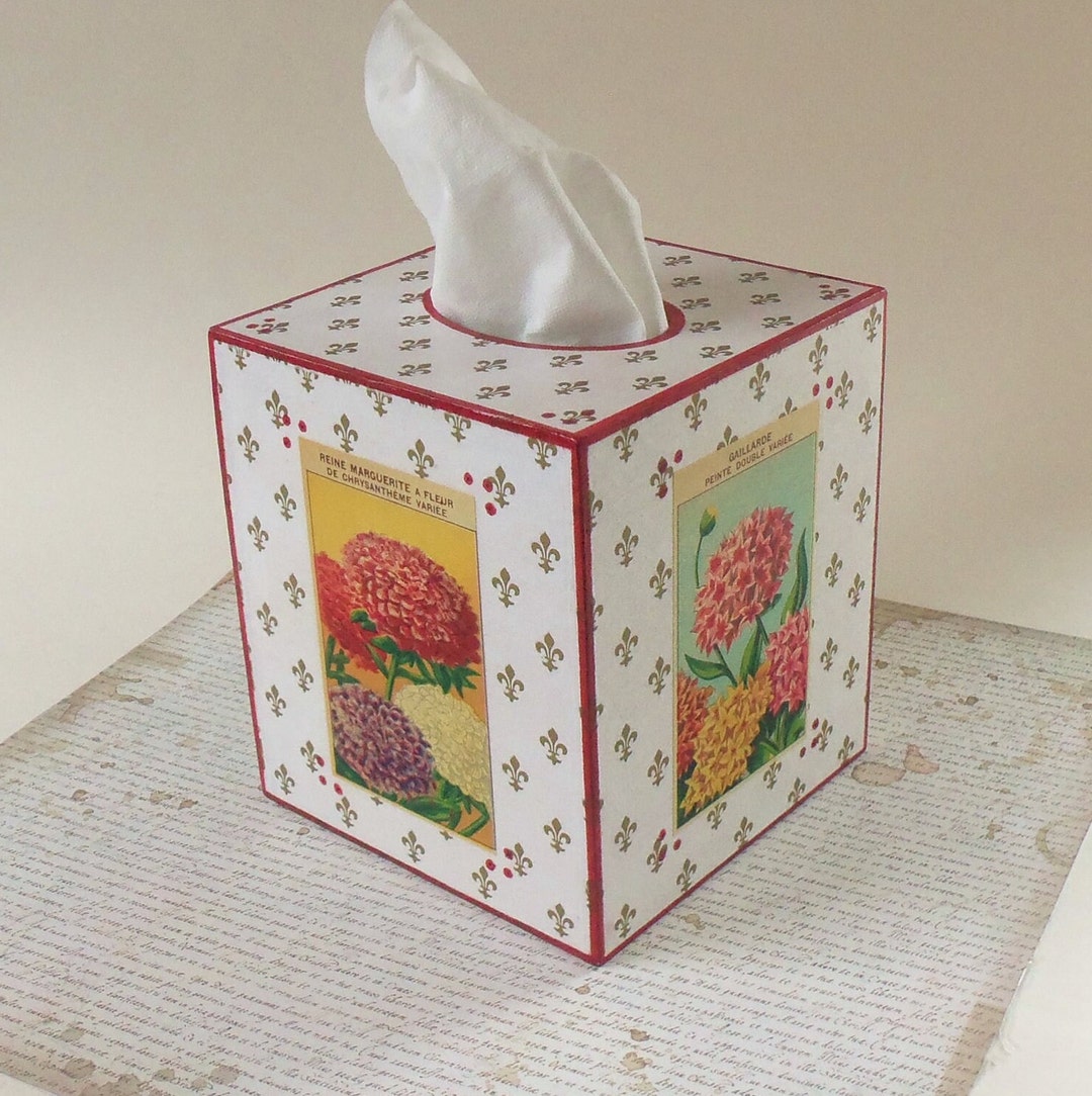 Wood Tissue Box Cover Vintage French Flower Seed Labels Over Fleur De ...