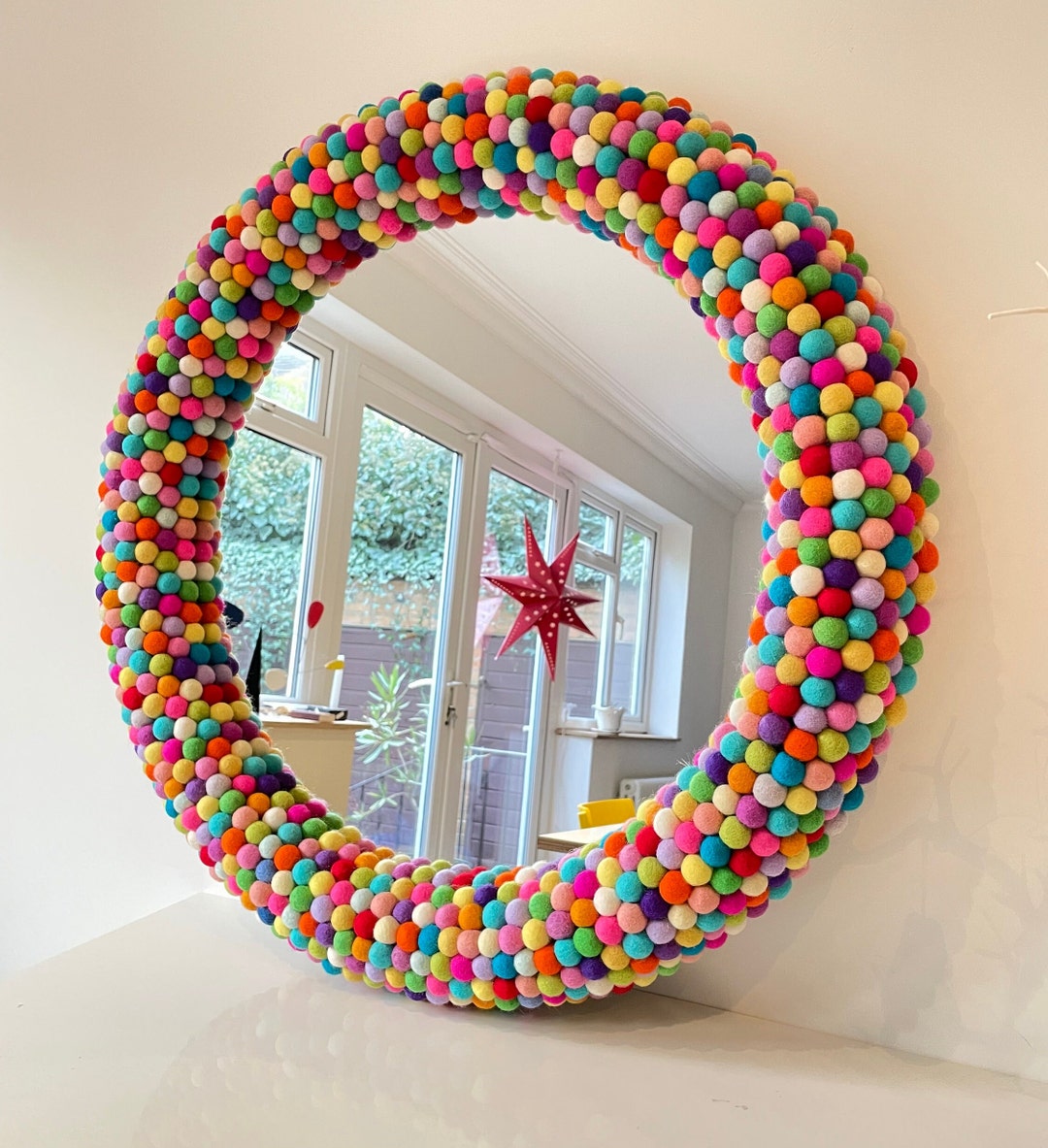27” Rainbow Pom Pom Statement Mirror, Unique Wall Mirror. Large Round ...
