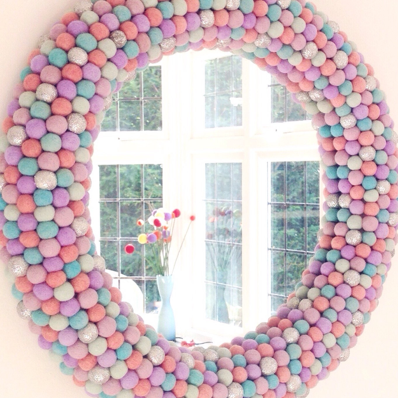 Large Round Wall Mirror. Statement Mirror. Framed Felt Ball - Etsy