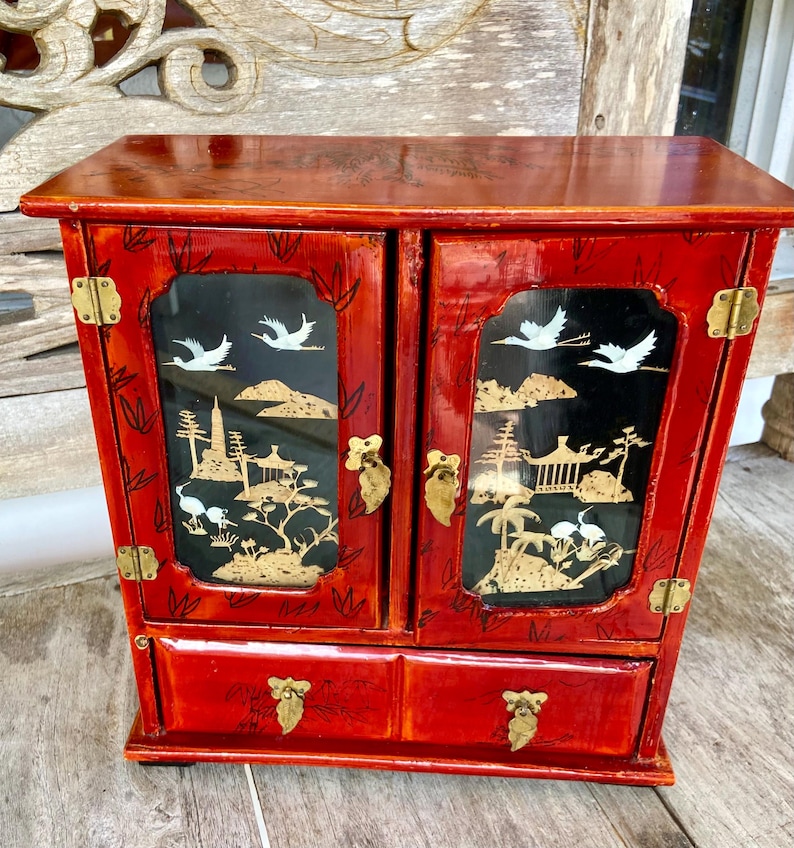 Vintage Asian Wooden Jewelry Box Birds Catchall Keepsake Box With Brass ...