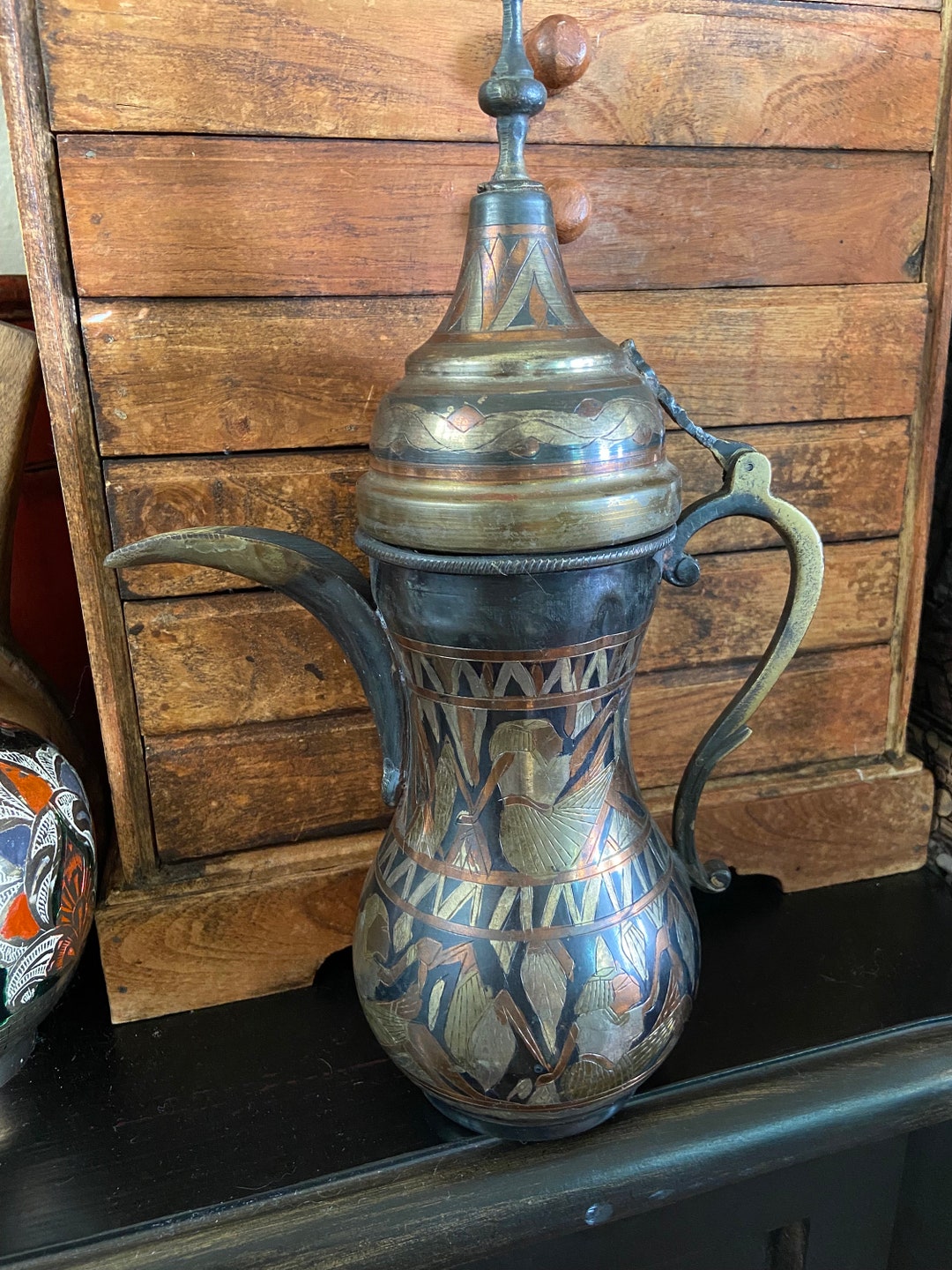 Vintage Copper Brass Pitcher Vessel Teapot Egyptian Etched Dallah - Etsy