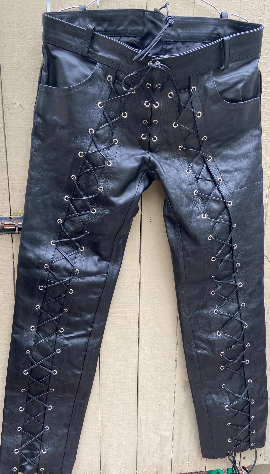 Black Leather Rocker Biker Pants With Laces Mens 36w X 32L - Etsy