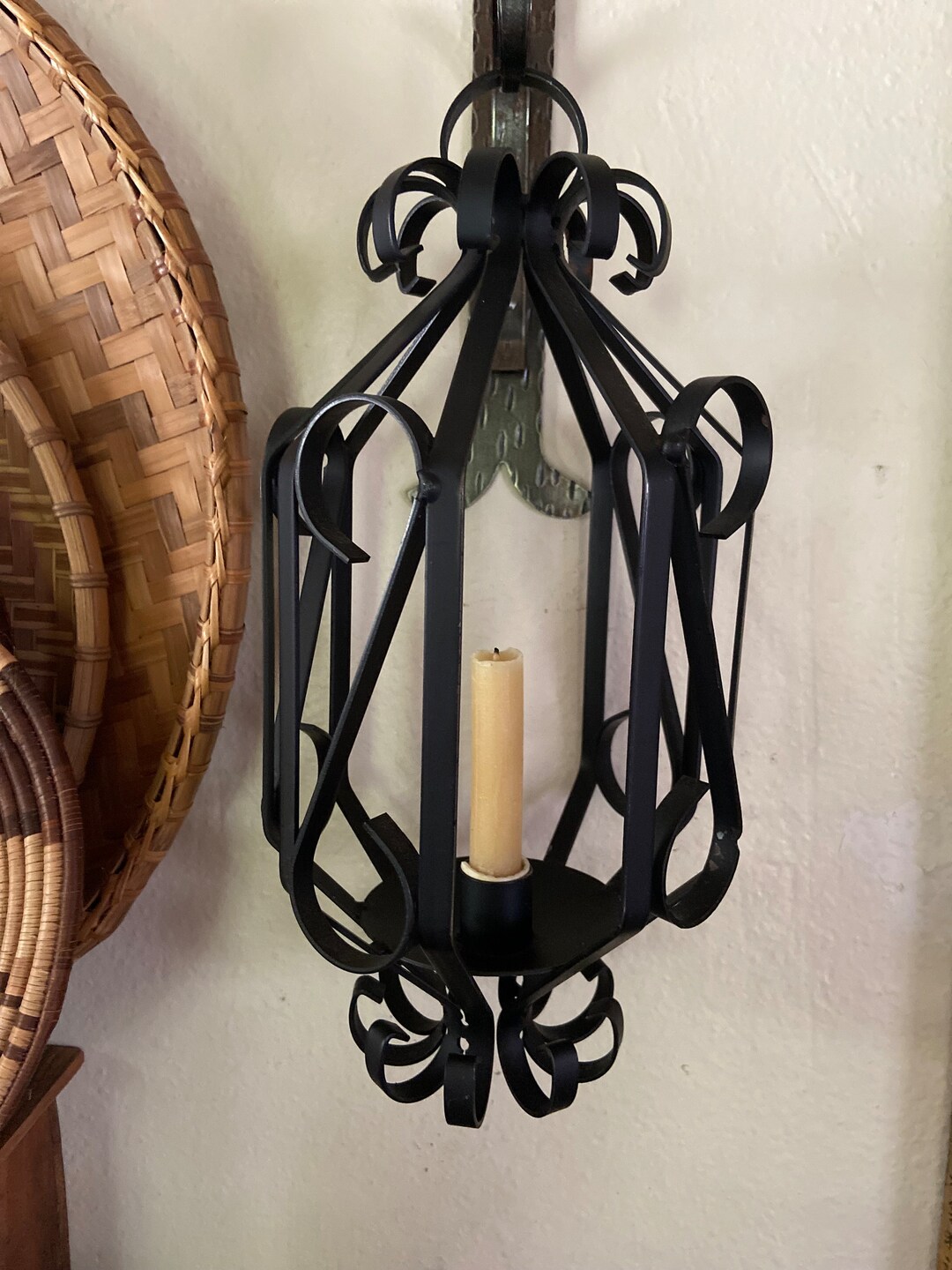 Black Wrought Iron Hanging Lantern Candle Wall Sconce Candelabra Gothic ...