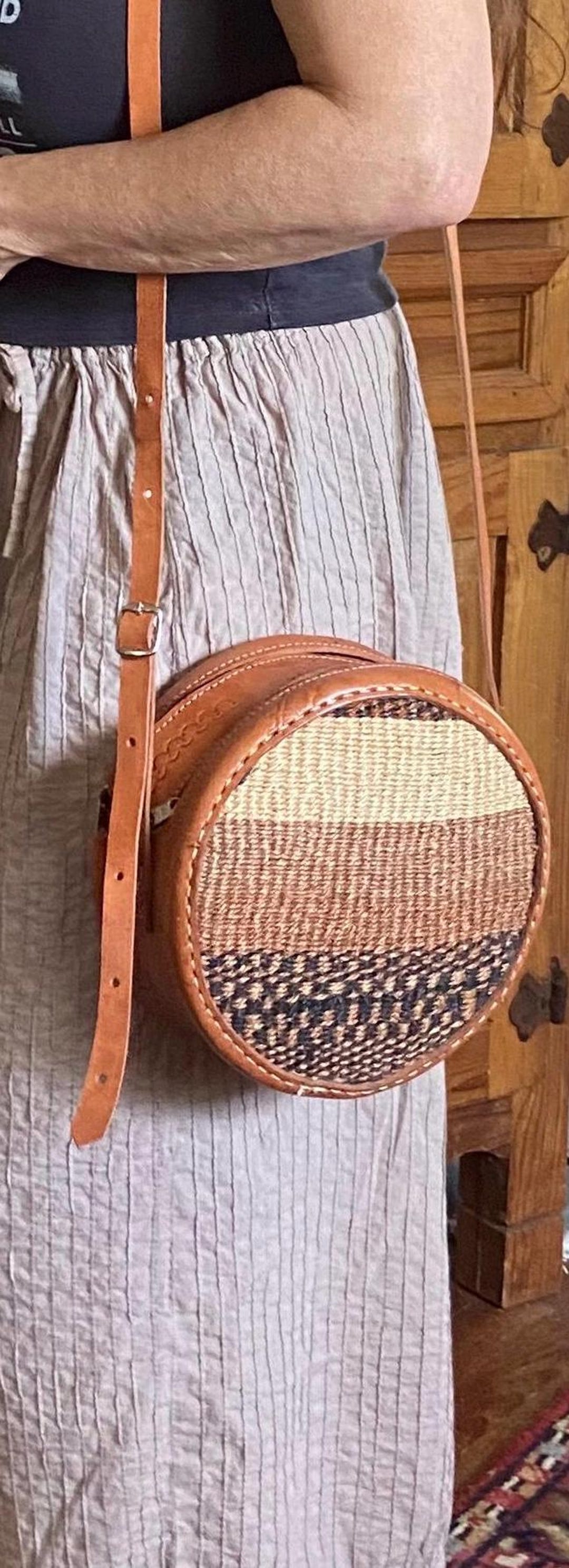 Kenyan African Woven Sisal Round Bag With Leather - Etsy