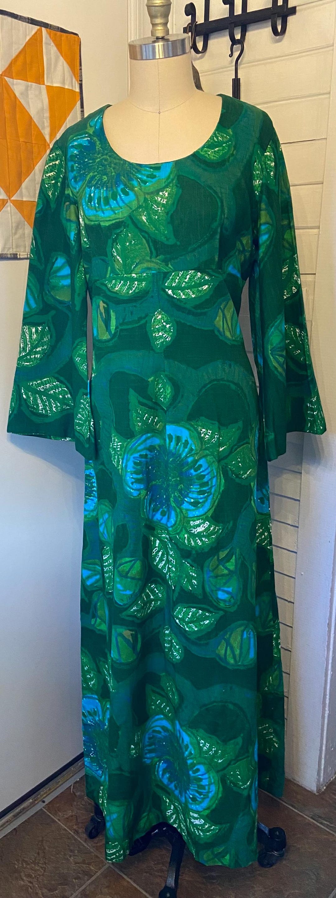 Vintage Barkcloth Maxi Dress, Hawaiian Green Tropical Bell Sleeve - Etsy