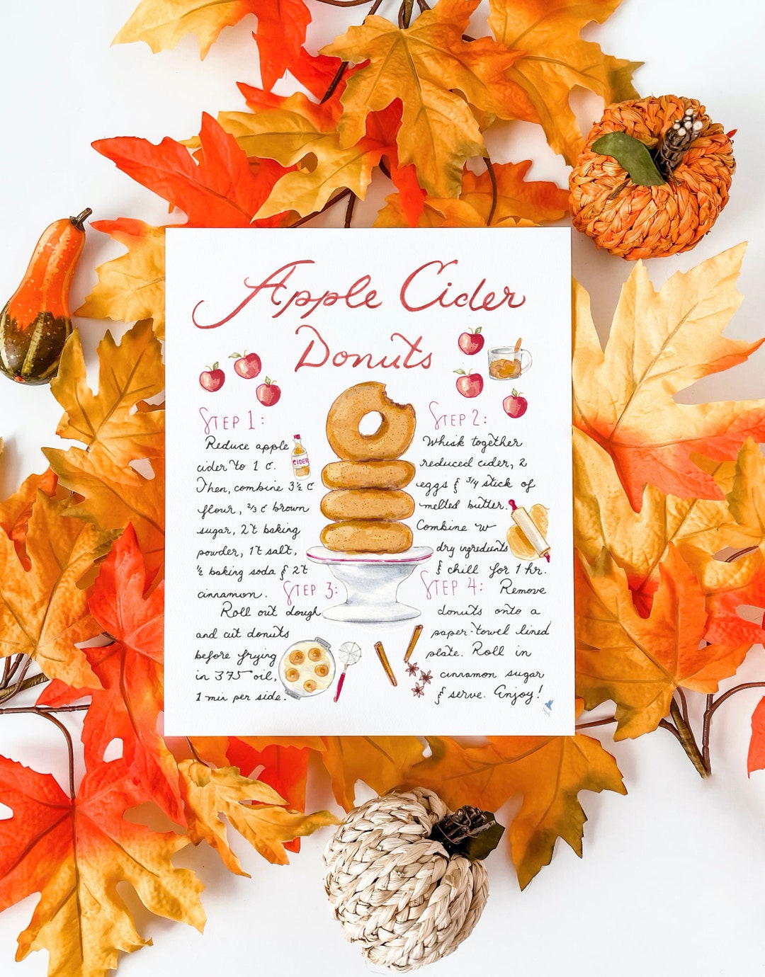 Apple Cider Donut Recipe Art Print, Autumn Kitchen Decor, Apple Cider ...