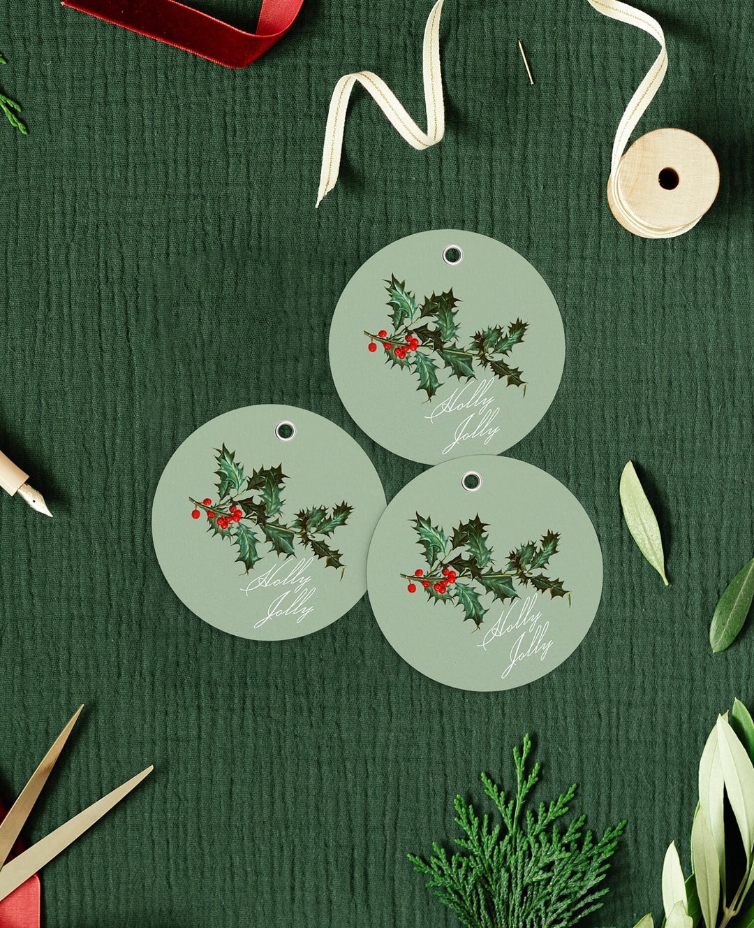 Vintage Style Holly Jolly Gift Tag Set, Round Gift Tags, Set of 10 Gift ...