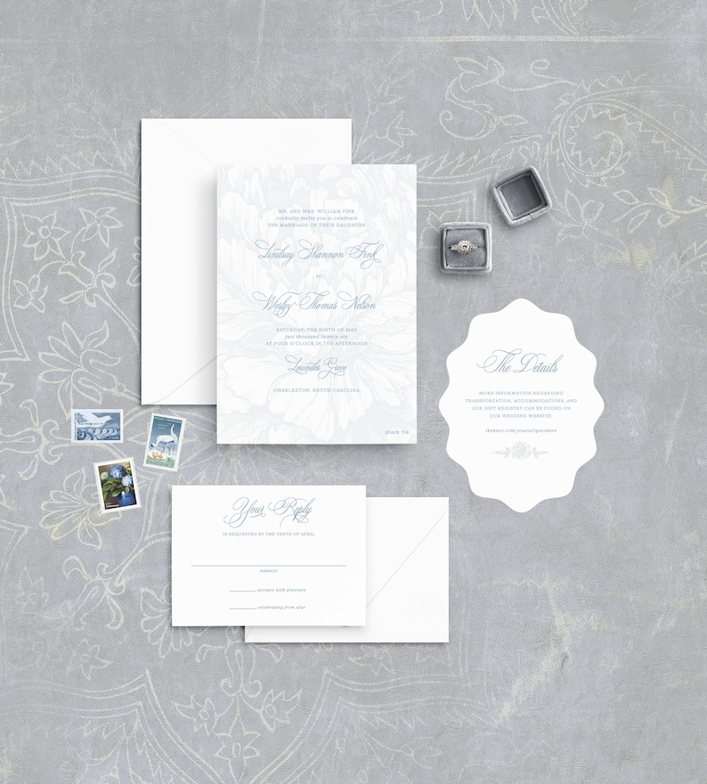 Dusty Blue Floral Wedding Invitation Suite: Elegant Regency Stationery ...