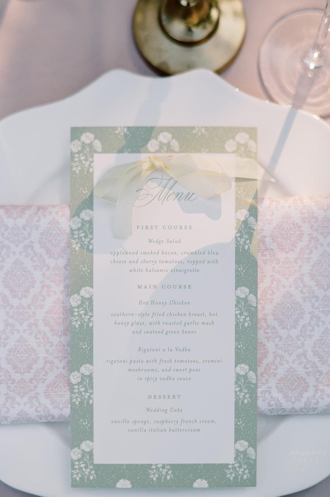 Soft Sage Green Floral Wedding Menus, Romantic Garden Wedding Reception ...