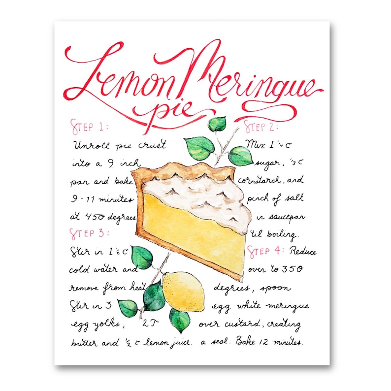Lemon Meringue Pie Recipe Print Spring Refresh Lemon Kitchen - Etsy
