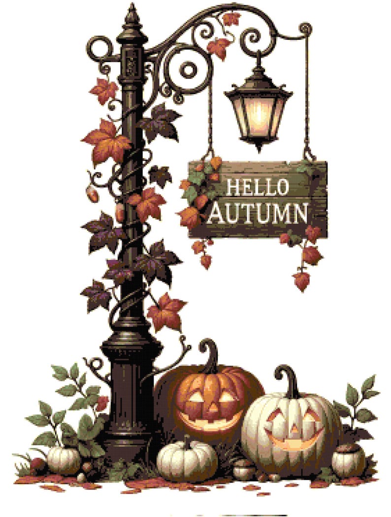 Hello Autumn Lamp Post Pumpkins Counted Cross Stitch Pattern PDF ...