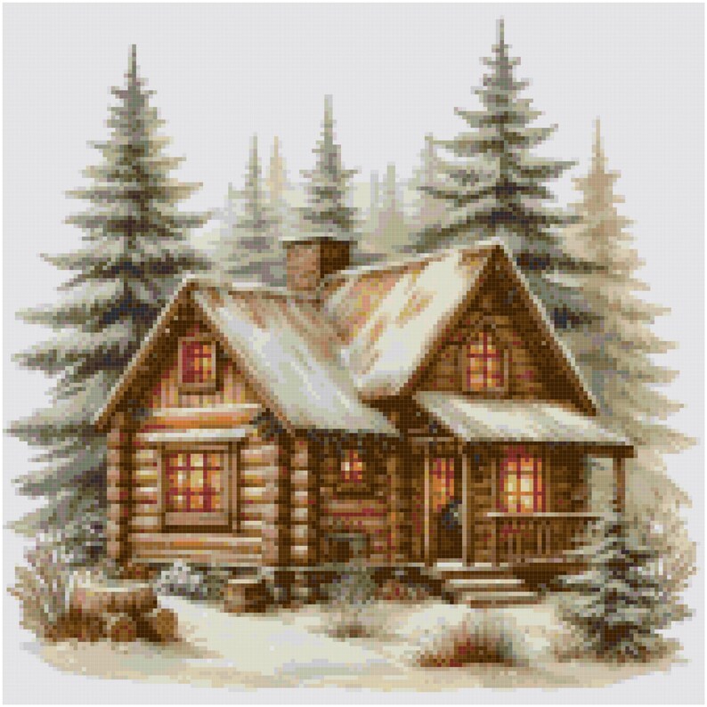 Winter Log Cabin Cross Stitch Pattern, Snowy Forest Retreat PDF Chart ...