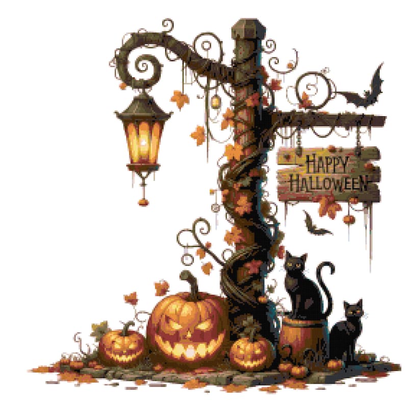 Halloween Lamp Post Cross Stitch Pattern: Black Cats & Pumpkins (PDF ...
