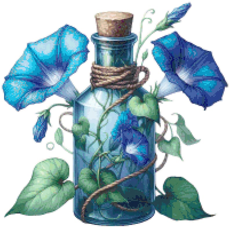 Morning Glory Flower Cross Stitch Pattern Blue Bottle With Vines Floral Botanical Embroidery ...
