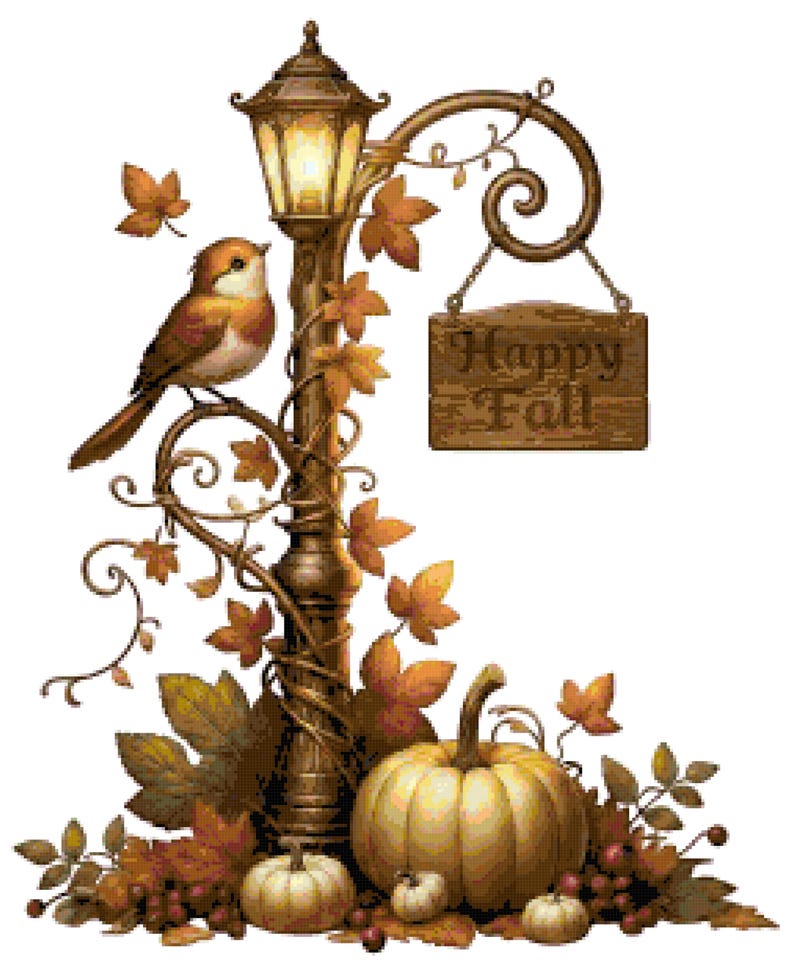 Autumn Lamp Post Cross Stitch Pattern: Bird, Pumpkin, 'happy Fall' Sign ...
