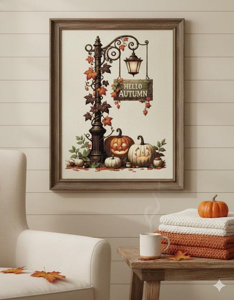 Hello Autumn Lamp Post Pumpkins Counted Cross Stitch Pattern PDF ...