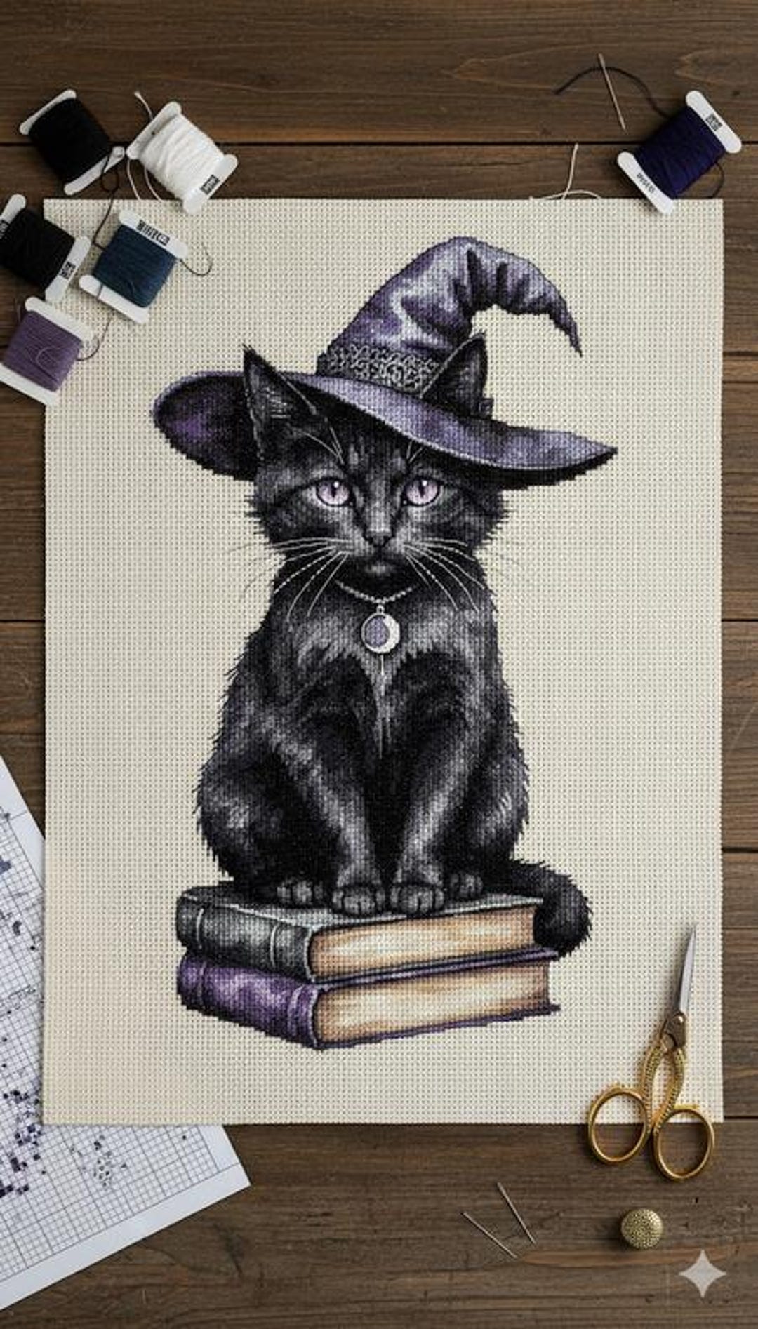 Witch Cat Cross Stitch Pattern: Halloween Black Cat With Books (PDF ...