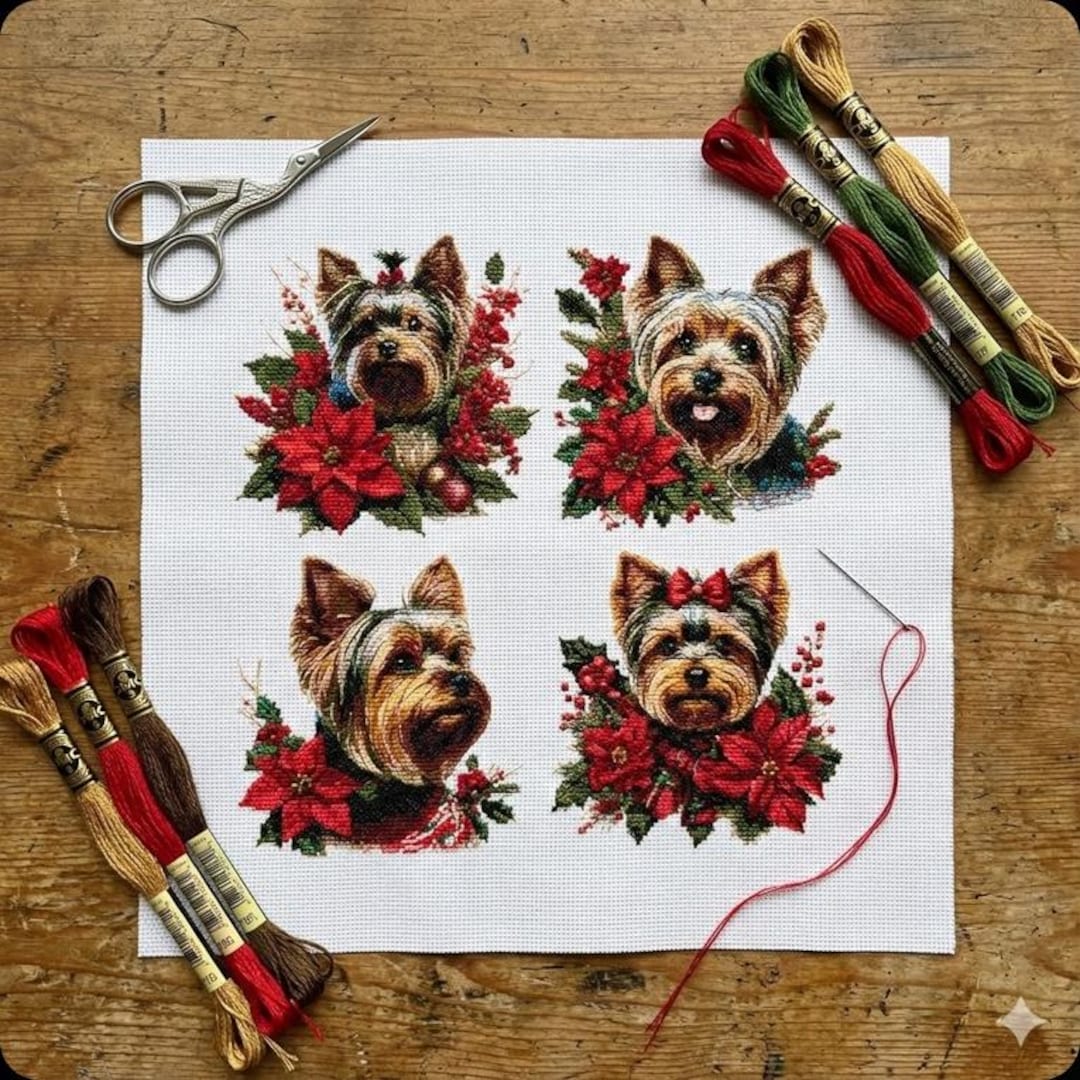 Christmas Yorkie Cross Stitch Pattern, Poinsettia Floral, 14 Count Aida ...