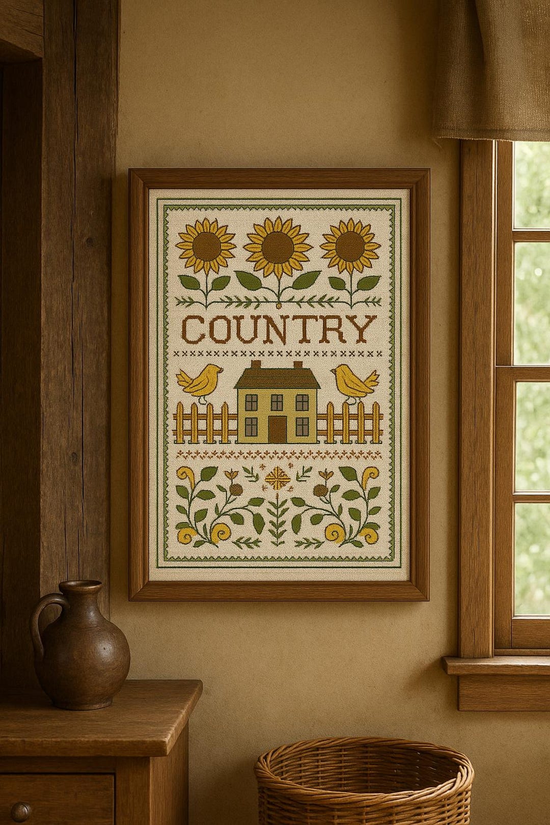 Country Sampler Cross Stitch Pattern PDF • Folk Art Sunflowers, Birds ...