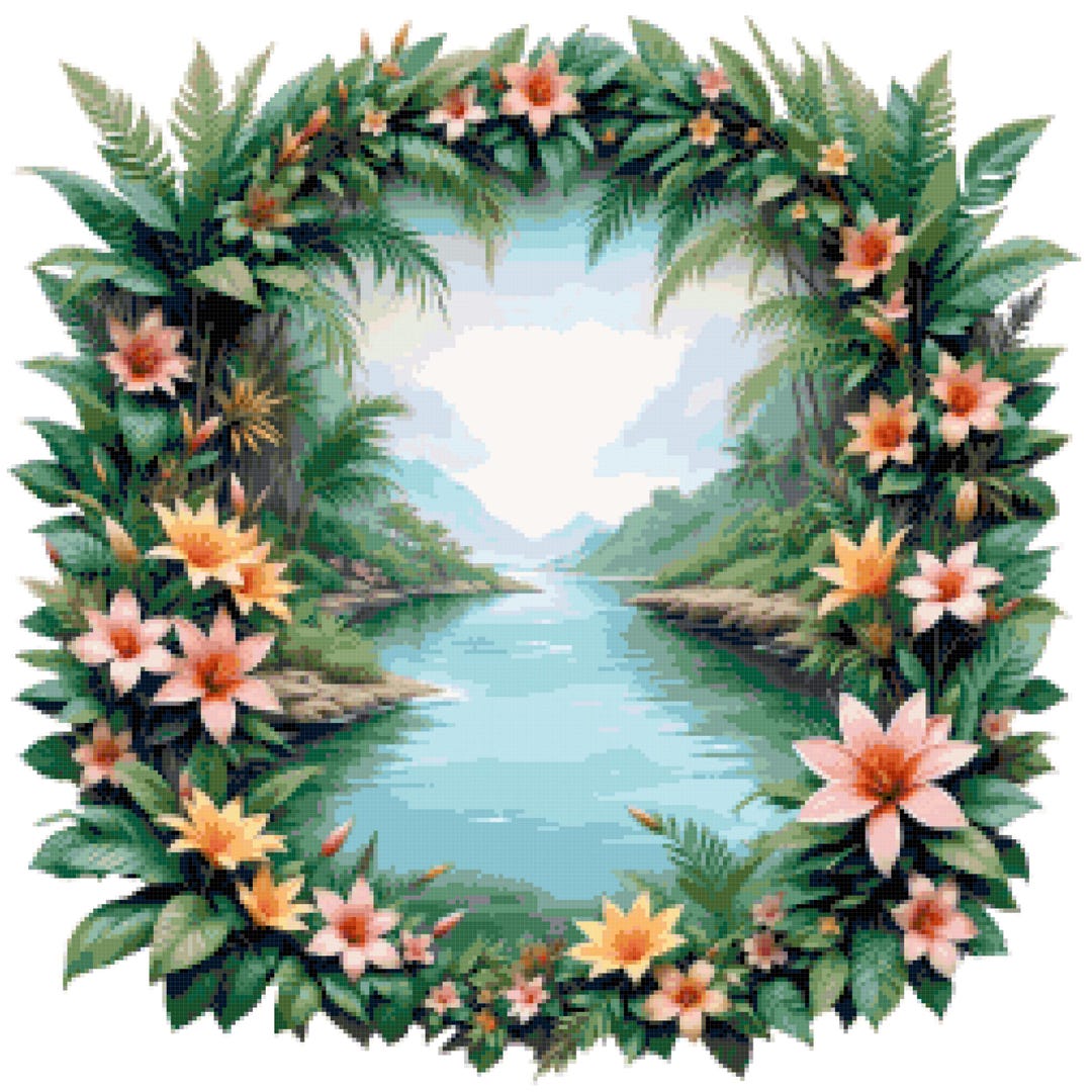 Tropical Lagoon Cross Stitch Pattern PDF | Jungle River Floral Frame ...
