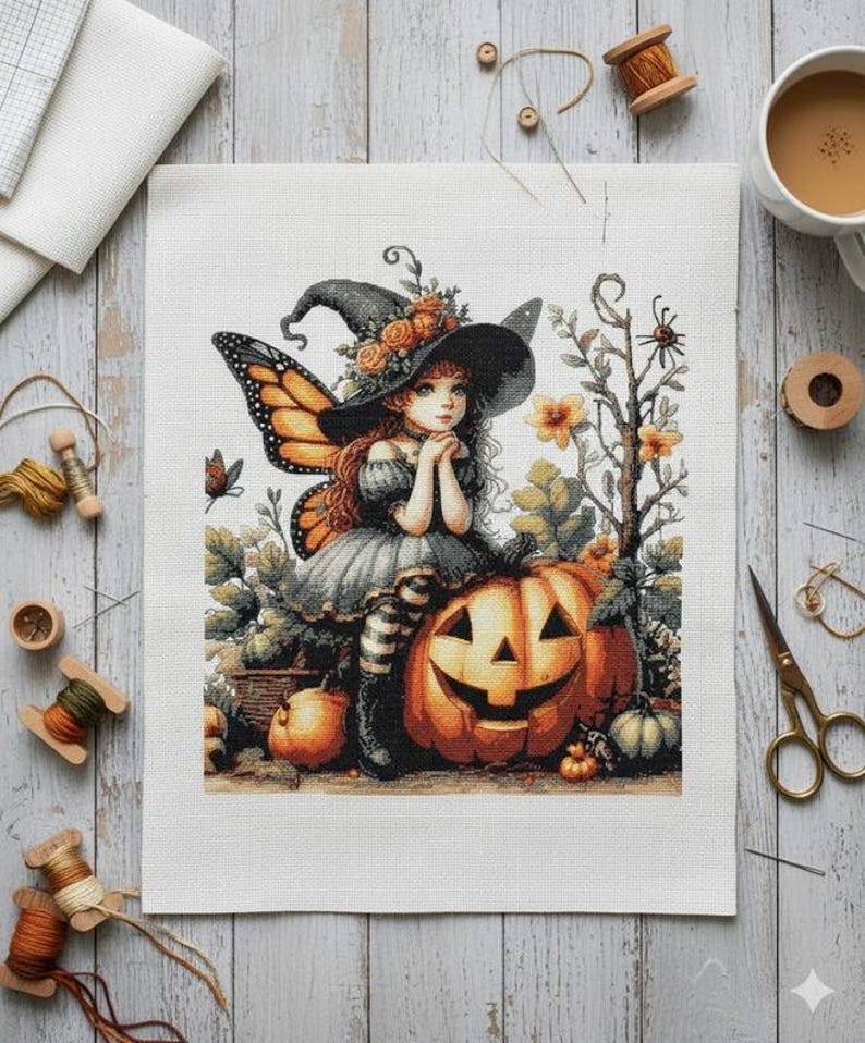 Halloween Witch Pumpkin Butterfly Fairy Counted Cross Stitch Pattern ...