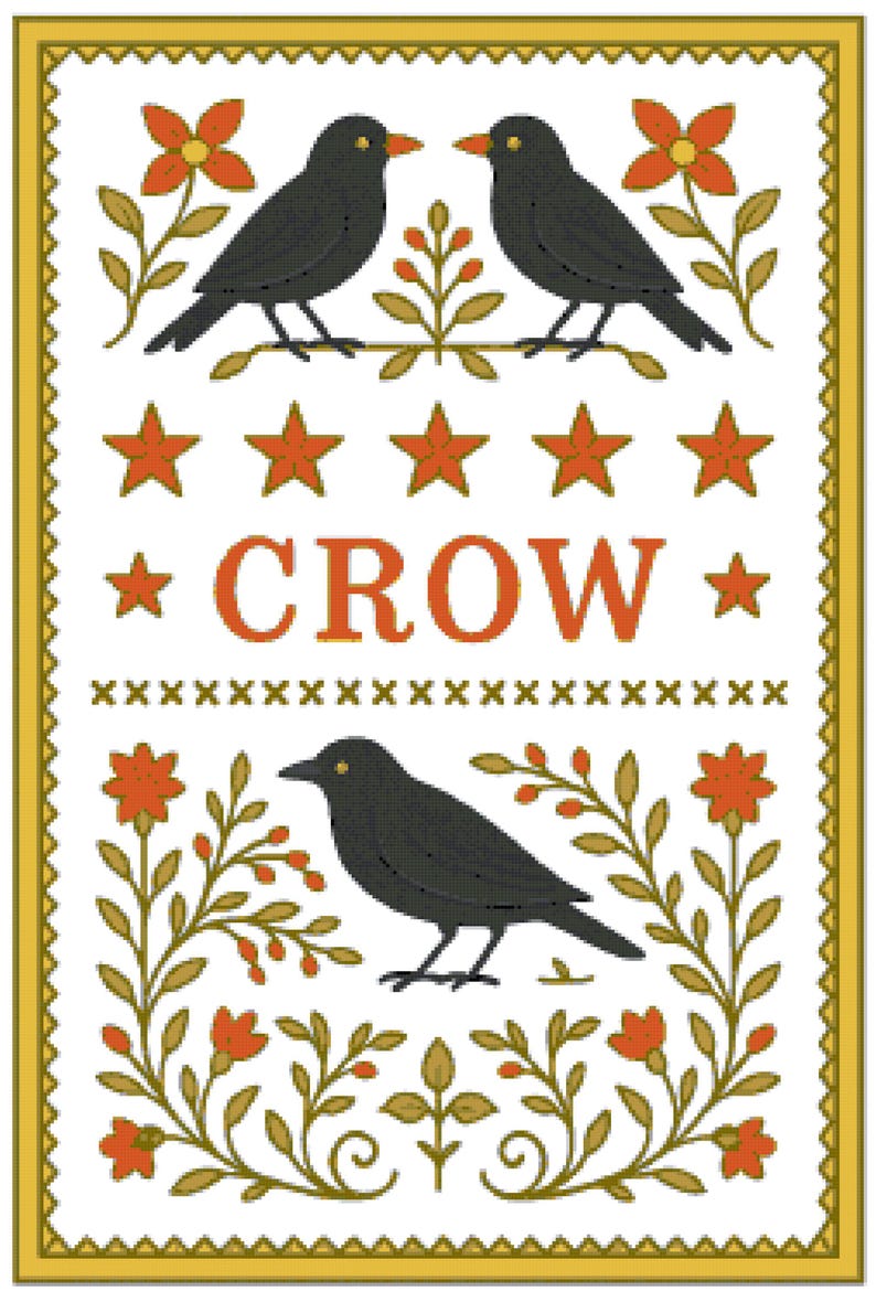 Crow Quaker Sampler Cross Stitch Pattern PDF • Folk Art Crow & Floral ...