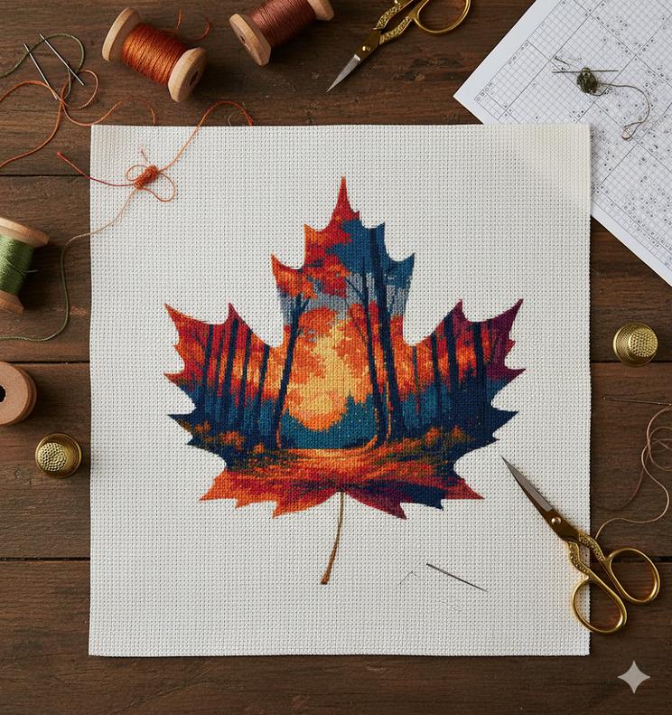 Autumn Maple Leaf Cross Stitch Pattern: Sunset Forest Landscape (PDF ...