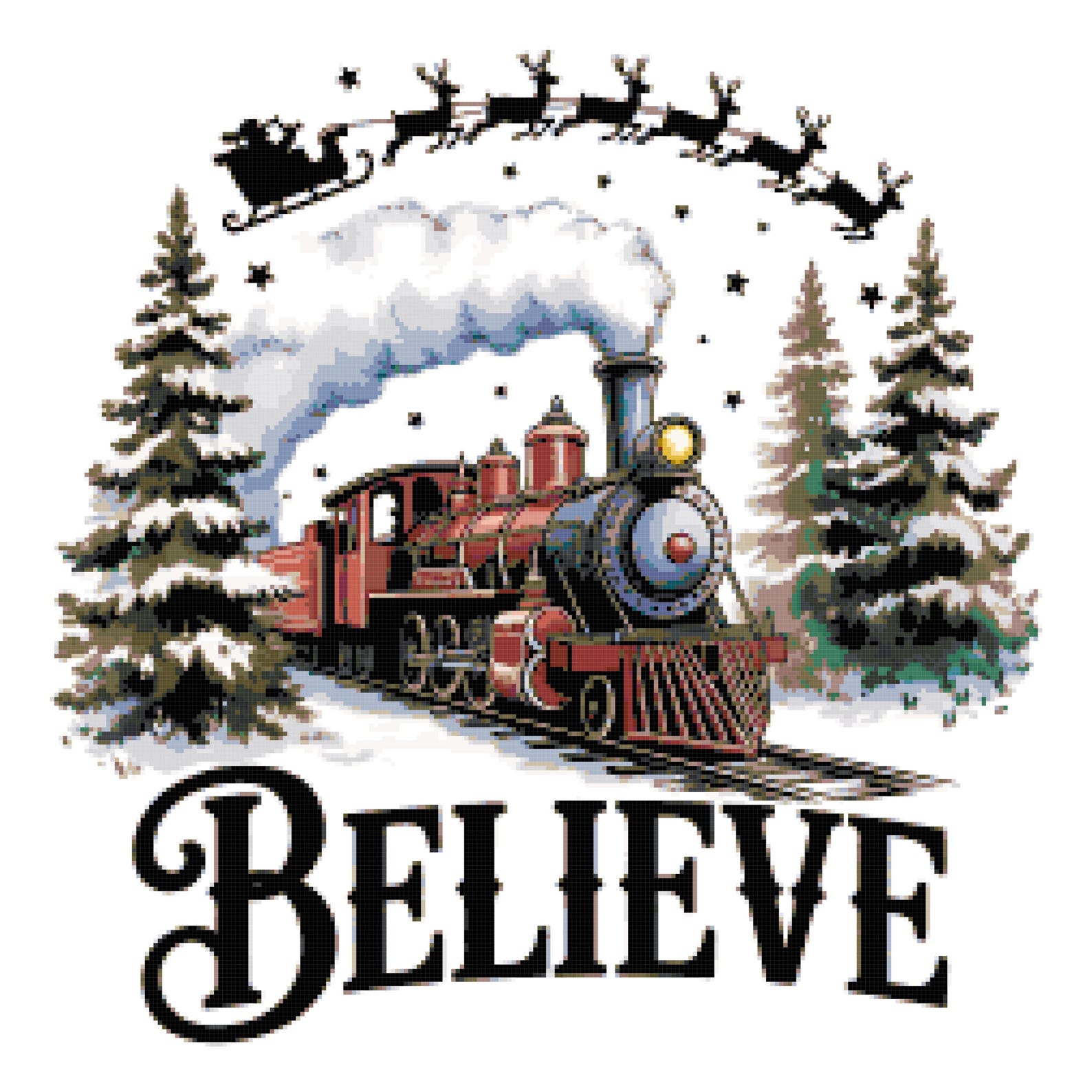 Believe Christmas Train Pattern, Santa Sleigh Winter Scene, Holiday ...