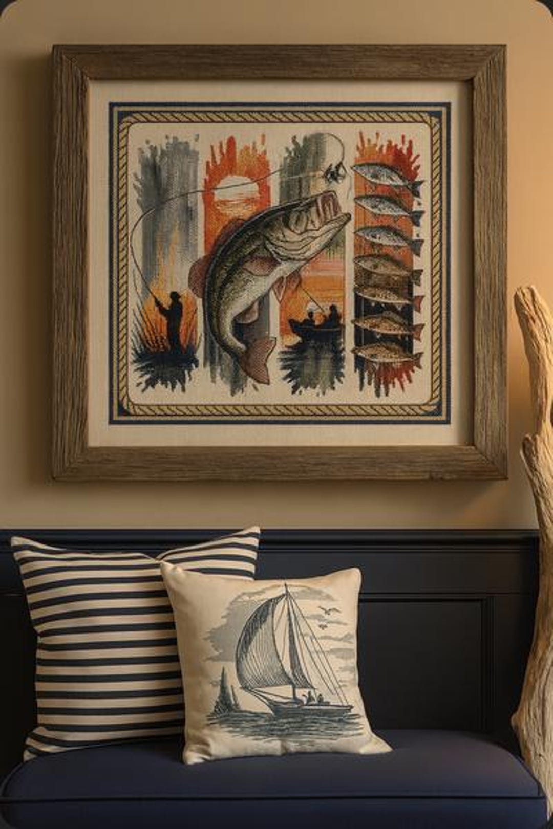 Fishing Cross Stitch Pattern | Bass, Fisherman, Boat, Sunset Scene ...