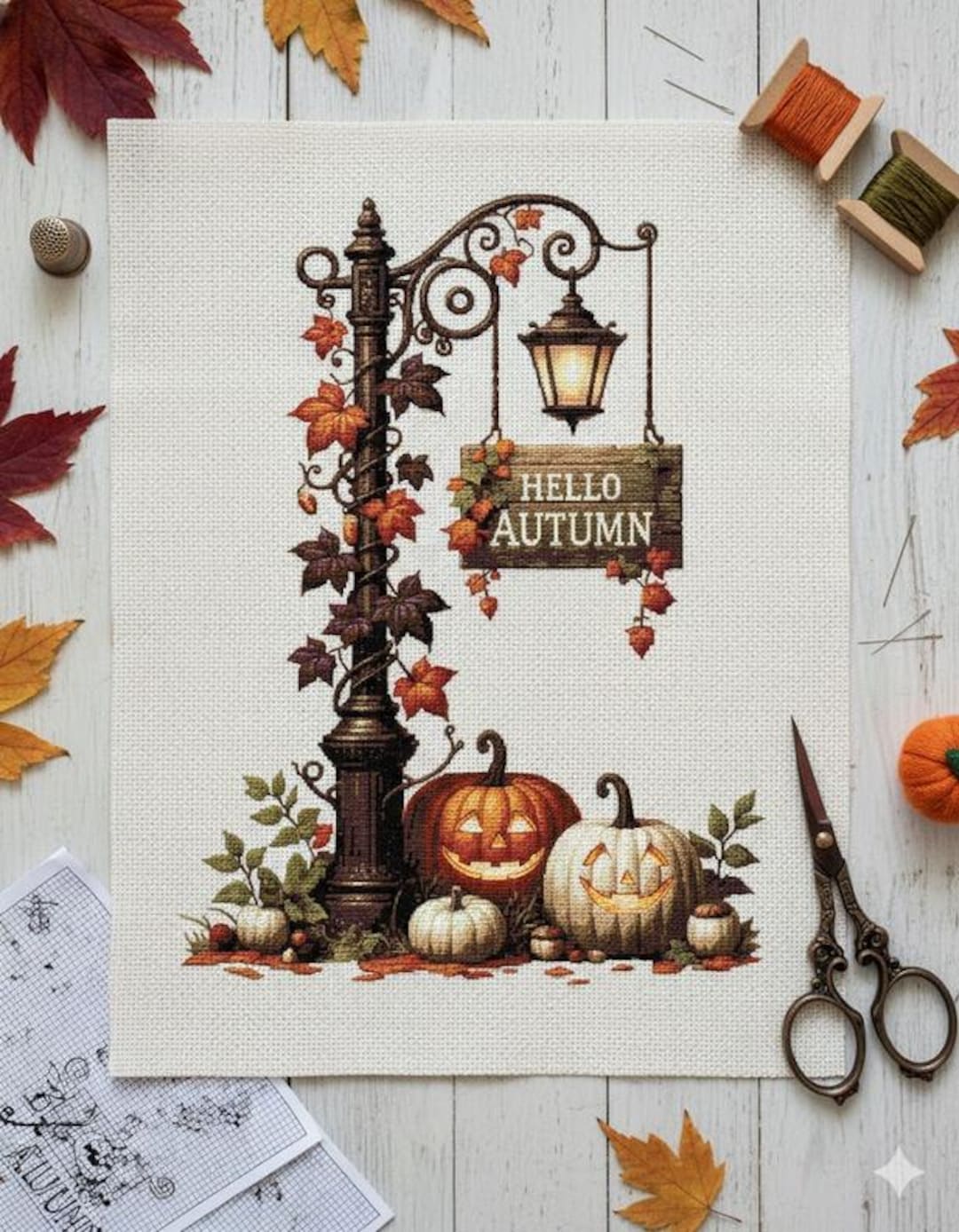 Hello Autumn Lamp Post Pumpkins Counted Cross Stitch Pattern PDF ...