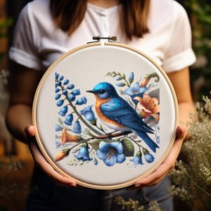 Eastern Bluebird and Flowers Cross Stitch Pattern - 150x150 - DMC Floss ...