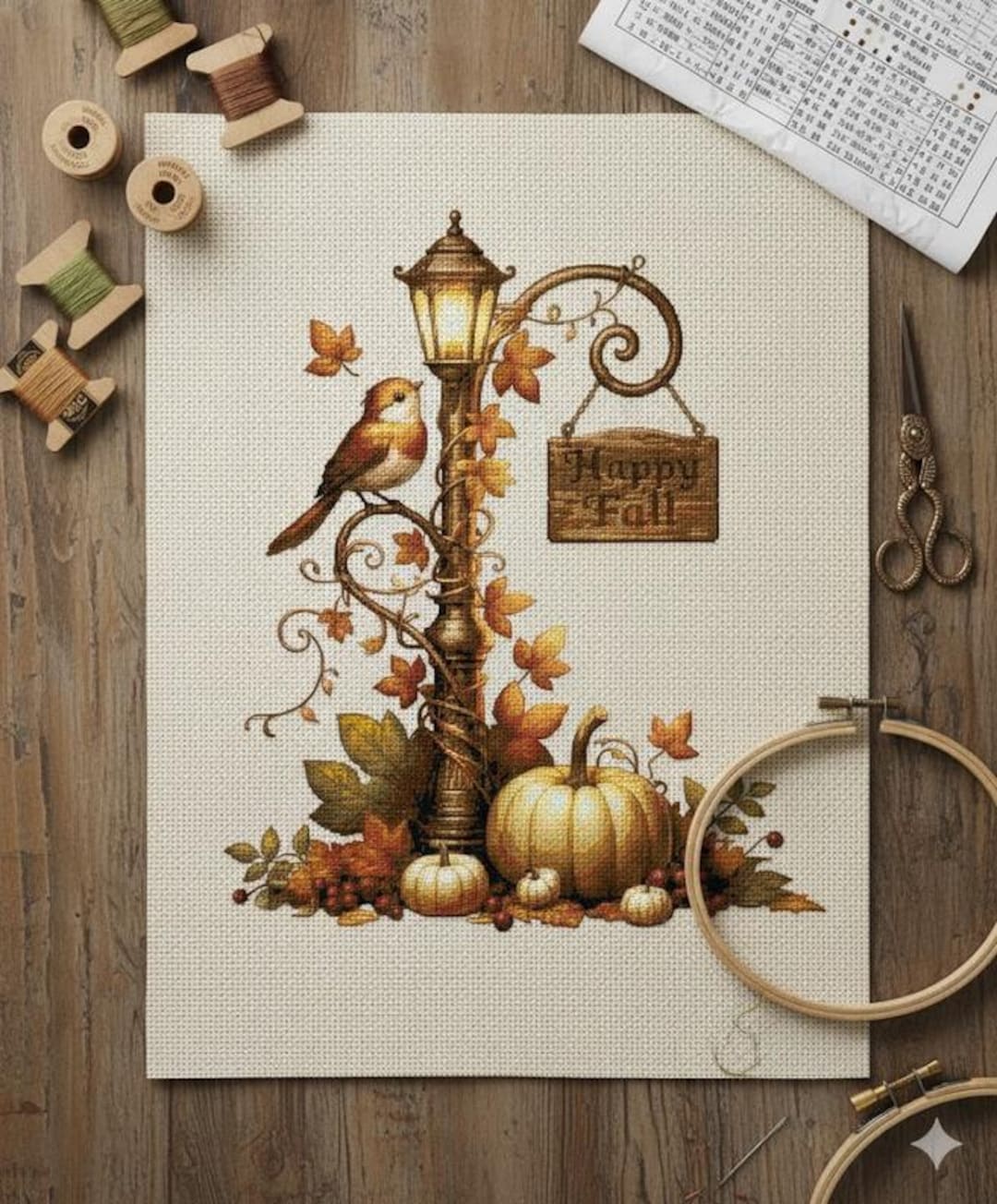 Autumn Lamp Post Cross Stitch Pattern: Bird, Pumpkin, 'happy Fall' Sign ...
