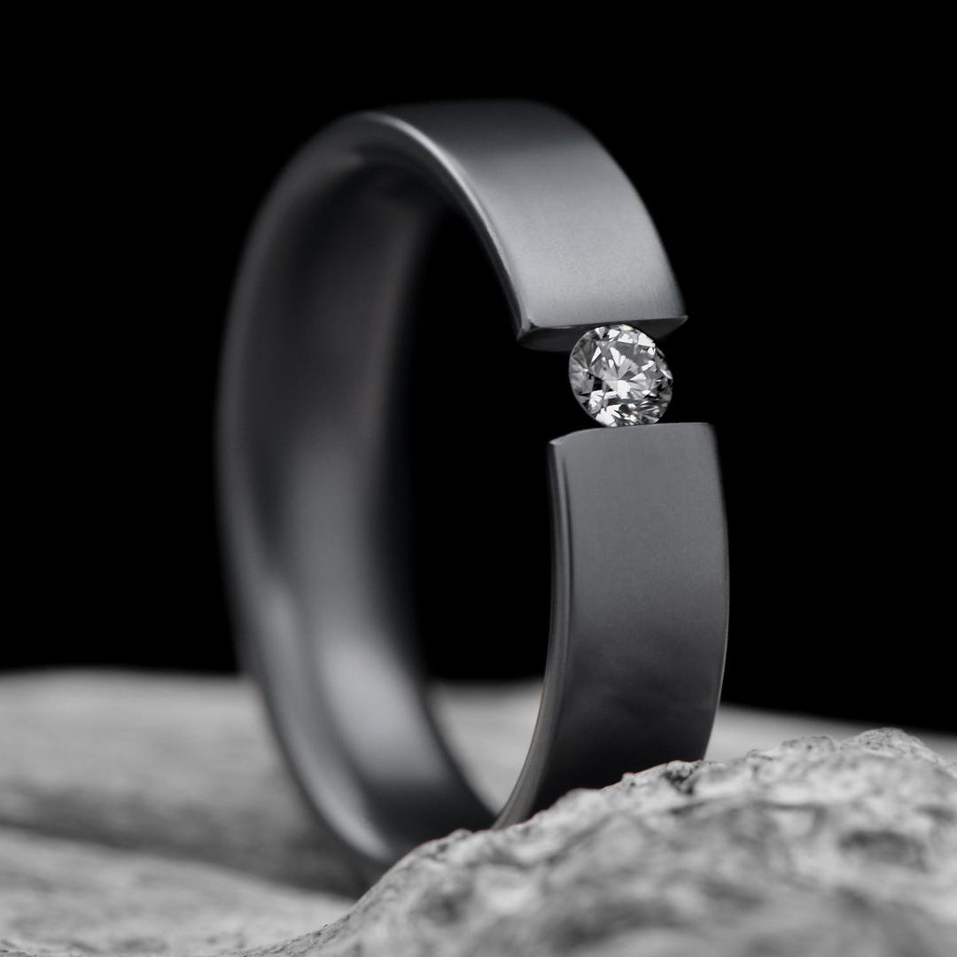 Black Titanium Wedding Band With Tension Set Diamond | FREE ENGRAVING ...