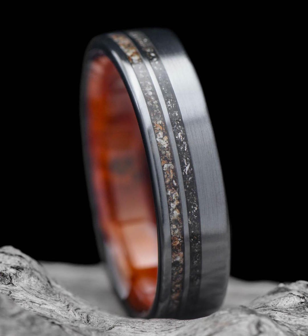 Black Titanium Wedding Band With Meteorite & Crushed T-rex Inlays ...