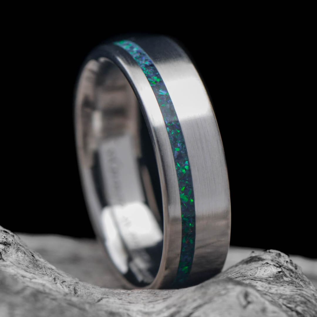 Titanium Wedding Band With Black Emerald Opal Inlay | FREE ENGRAVING ...