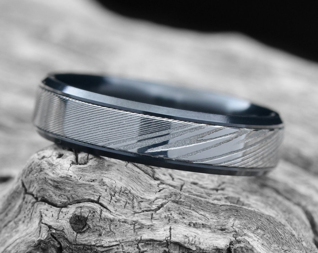 Black Zirconium Ring | FREE ENGRAVING | Zirconium Ring With Damascus ...