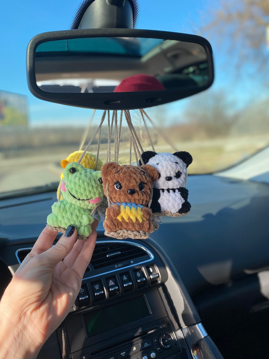 Car Charms Rear View Mirror, Crochet Car Mirror Hanger Cat Duck Panda ...