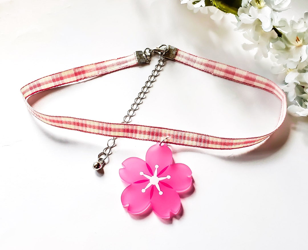 Kawaii Sakura (cherry Blossom) Acrylic Charm Pink Plaid Choker Necklace ...