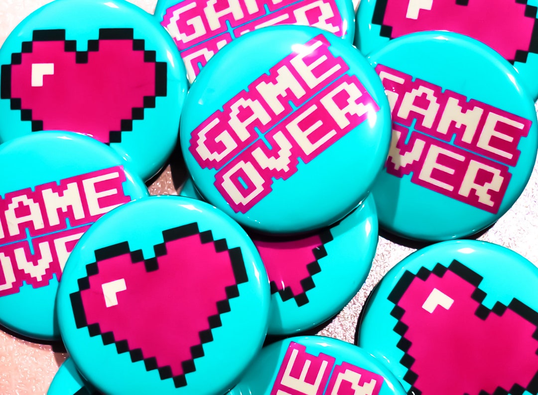 Retro Gamer 1.5 Inch Pinback Buttons | Pixel Heart and Game Over Badges ...