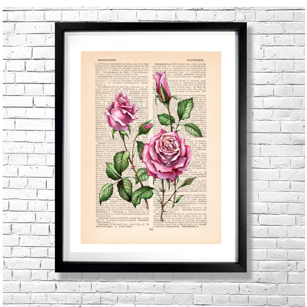 PINK ROSES PRINT on Dictionary Page Vintage Style Watercolor - Etsy