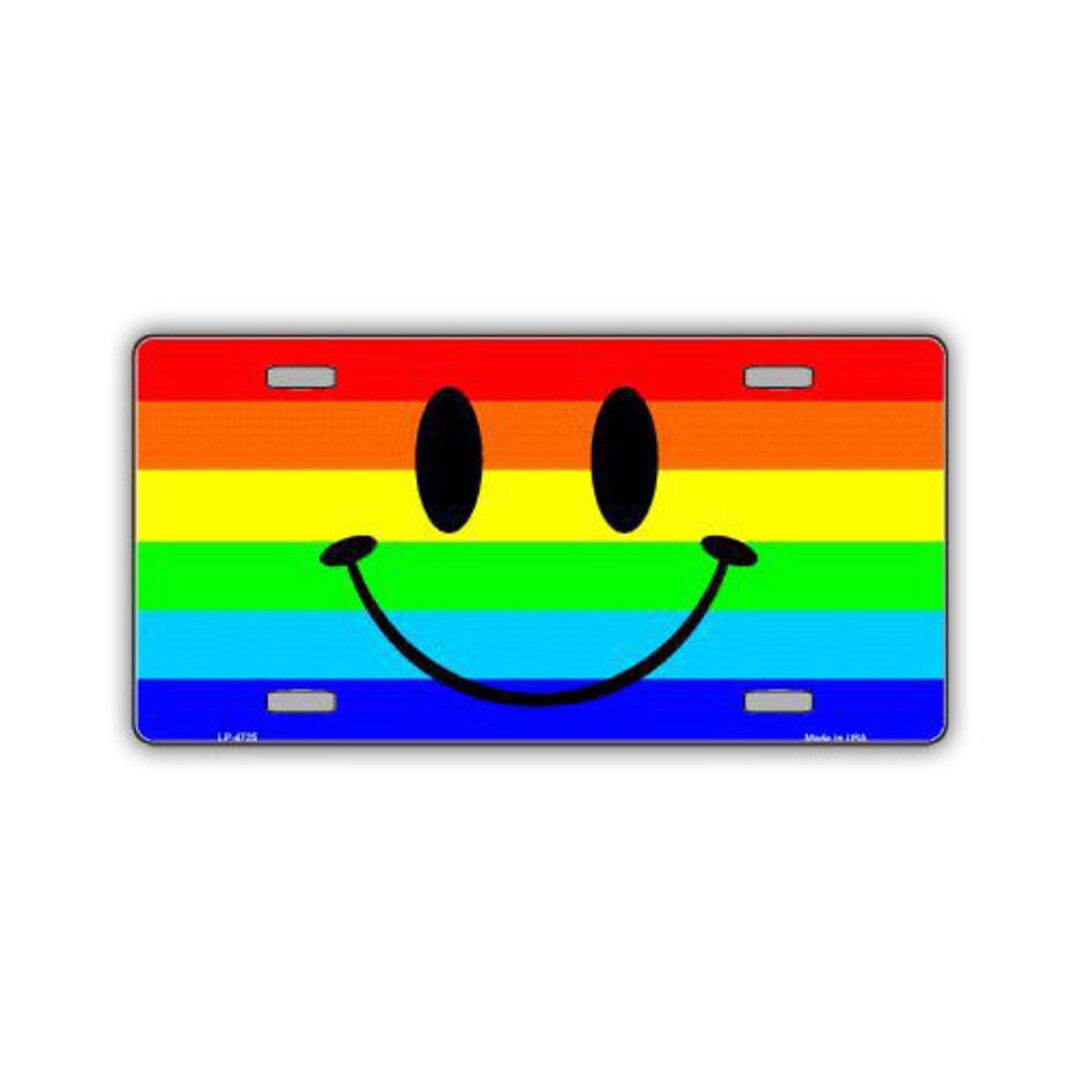 License Plate, Metal Vanity Tag Cover, Rainbow Pride Flag Smiley Face ...