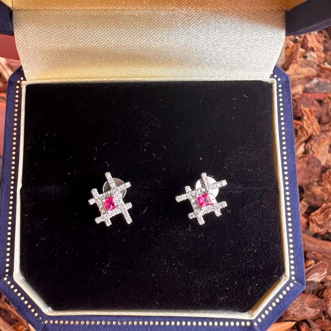 Luxury Ruby & Diamond Earrings - 18K White Gold Hashtag Studs - Unique ...
