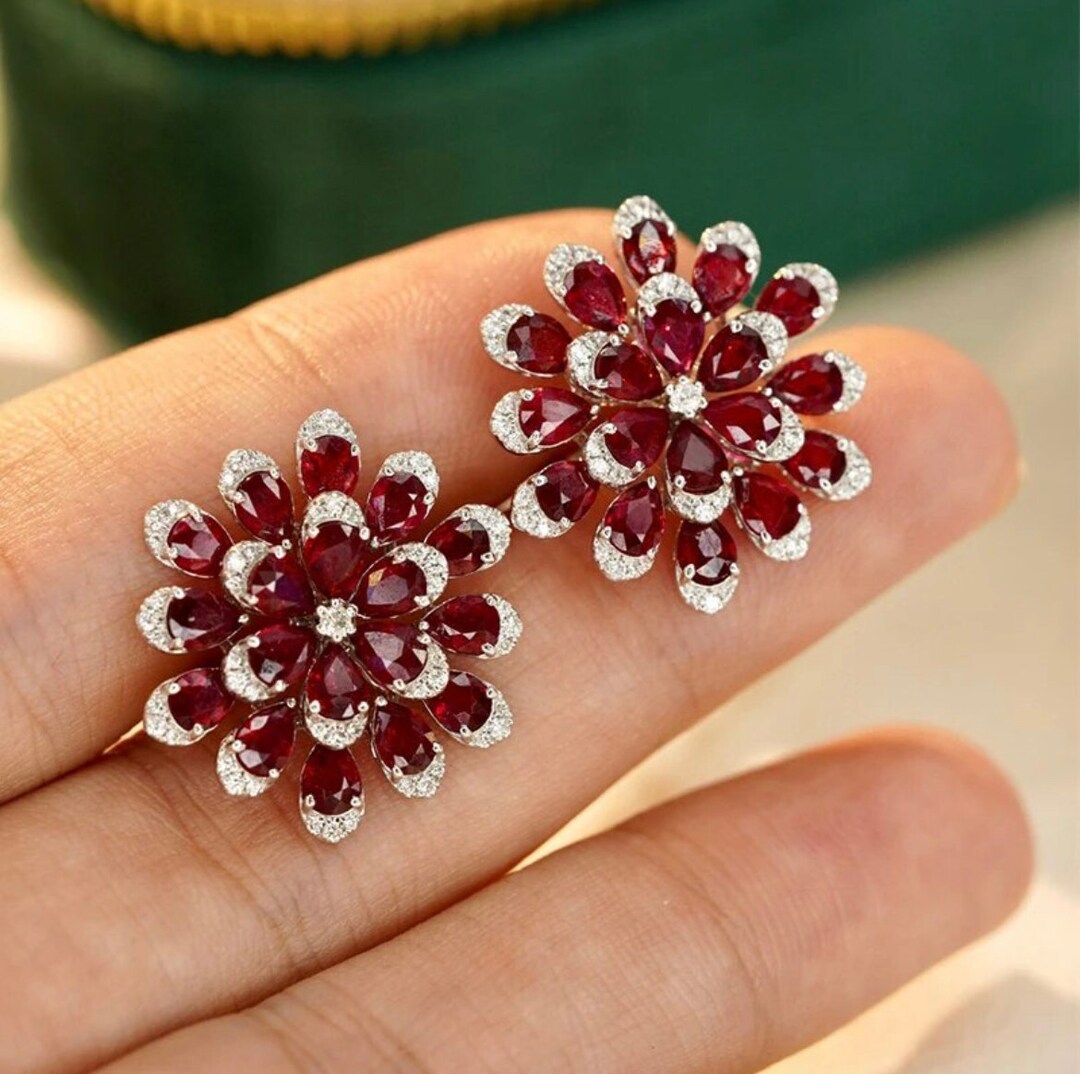 Ruby Flower Earrings - 18k Gold and Natural Ruby Patels With Pave ...