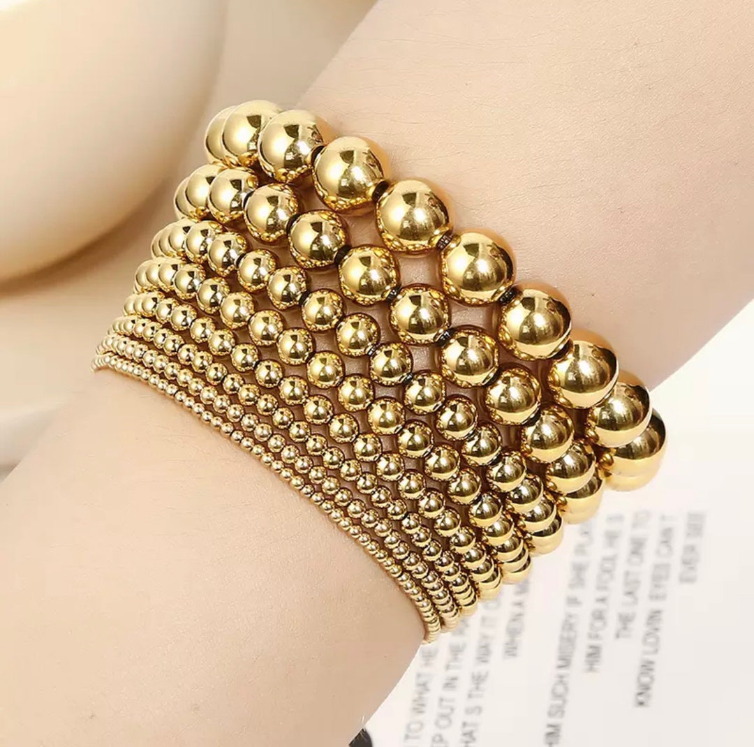 14K Yellow Gold Beaded Bracelet stackable Bracelet Stretch Beaded ...