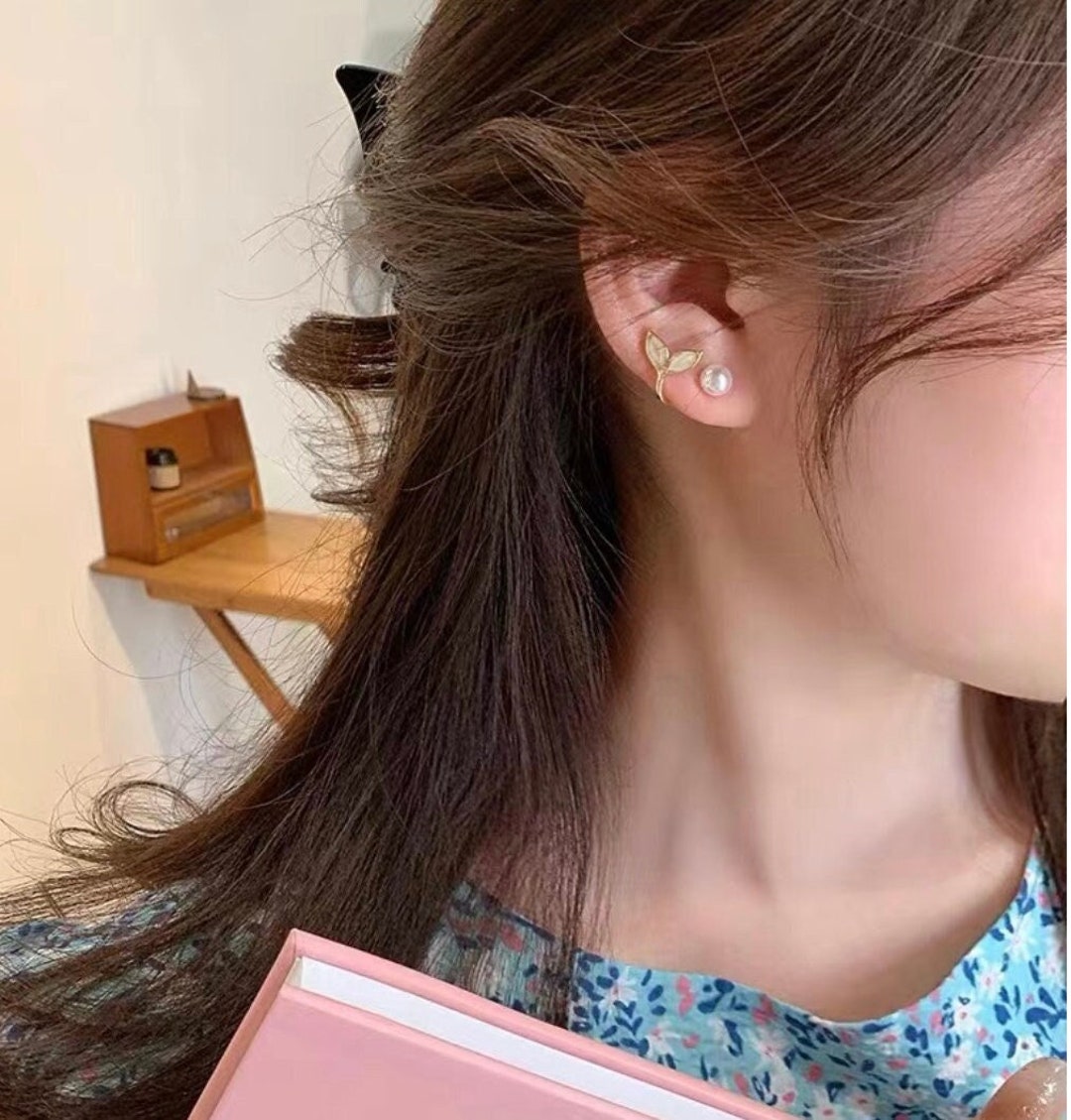 Front and Back Fishtail Earrings in 18k Gold, Fishtail Earrings, Whale ...
