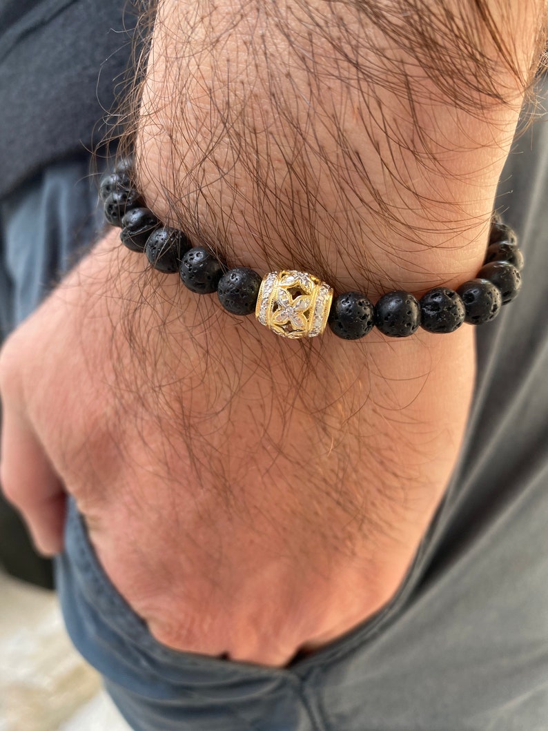 Men's Lava Beaded Bracelet With Large 14K Diamond Bead - Etsy