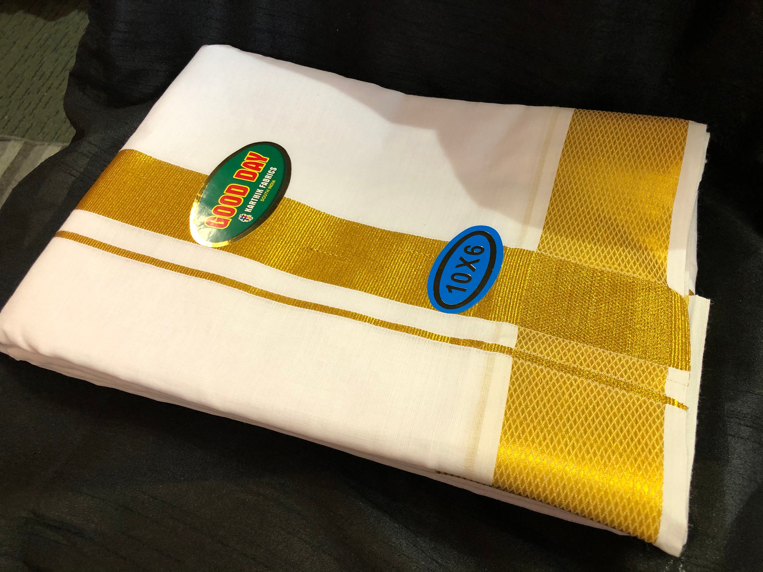 Dhoti, White Cotton With Woven Gold Border, Traditional, Temple Gift ...