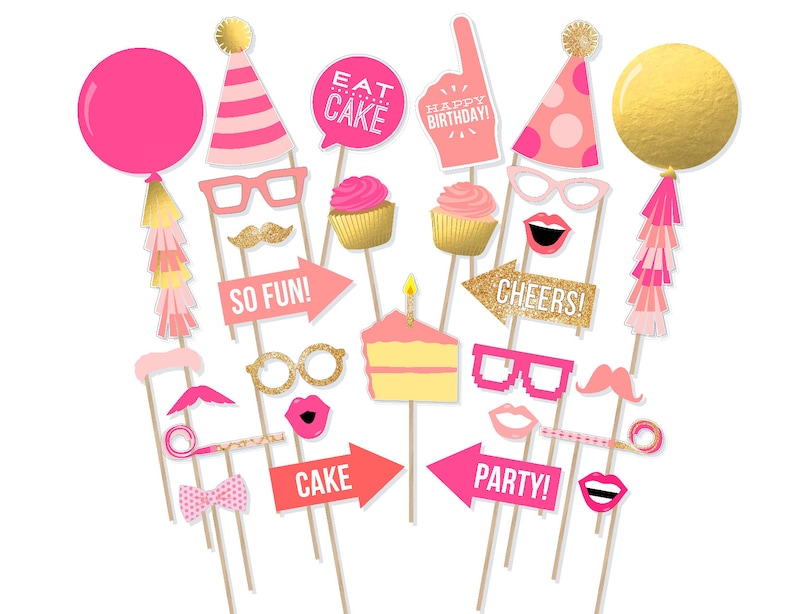 Printable Pink and Gold Birthday Photo Booth Props Printable | Etsy