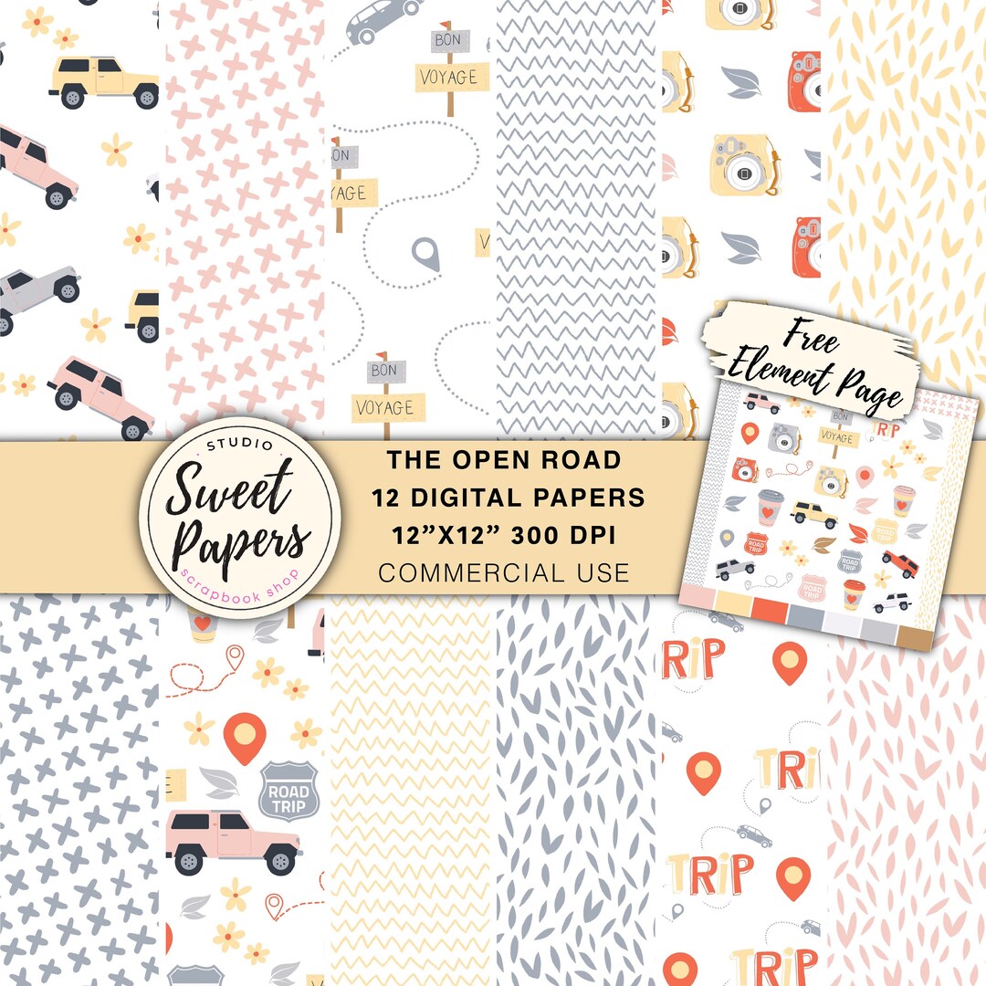 12 Digital Road Trip Scrapbook Paper Pack, Travel Themed Backgrounds ...