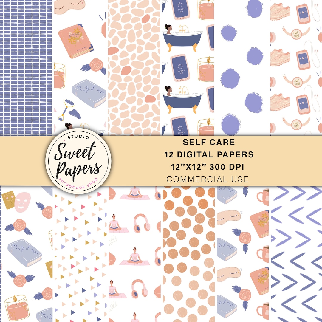 Set of 12 Self Care Patterns Digital Papers, Well-being, Mental Health ...